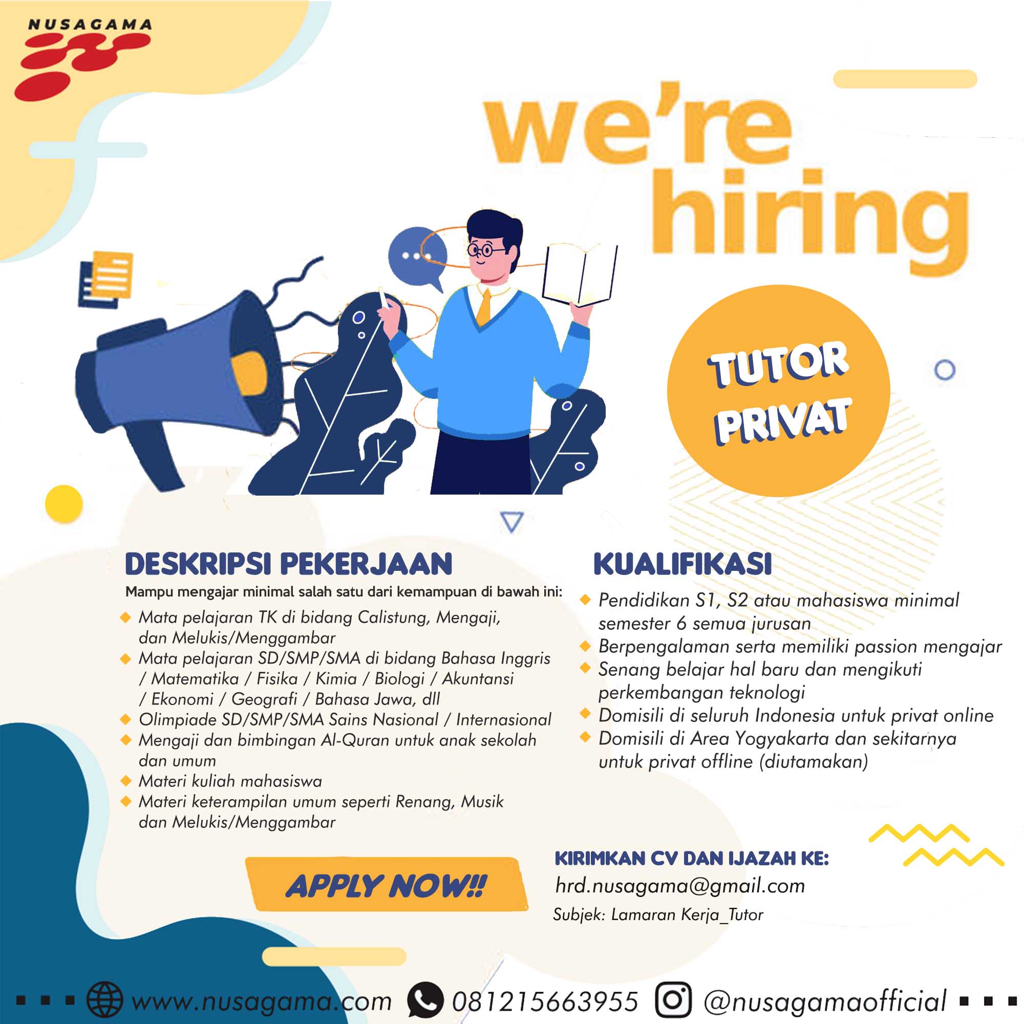 Poster Rekrutmen Tutor - NUSAGAMA - Les Privat Terbaik di Jogja